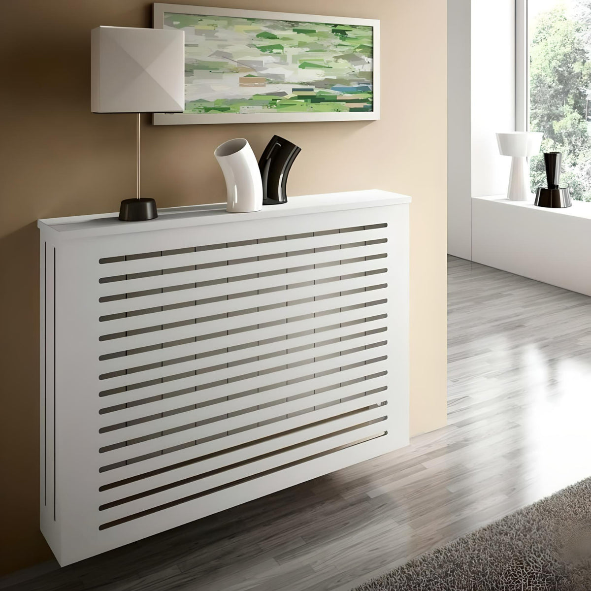 Modern Floating White Radiator Heater Cover Geometric Line design Shelf ...